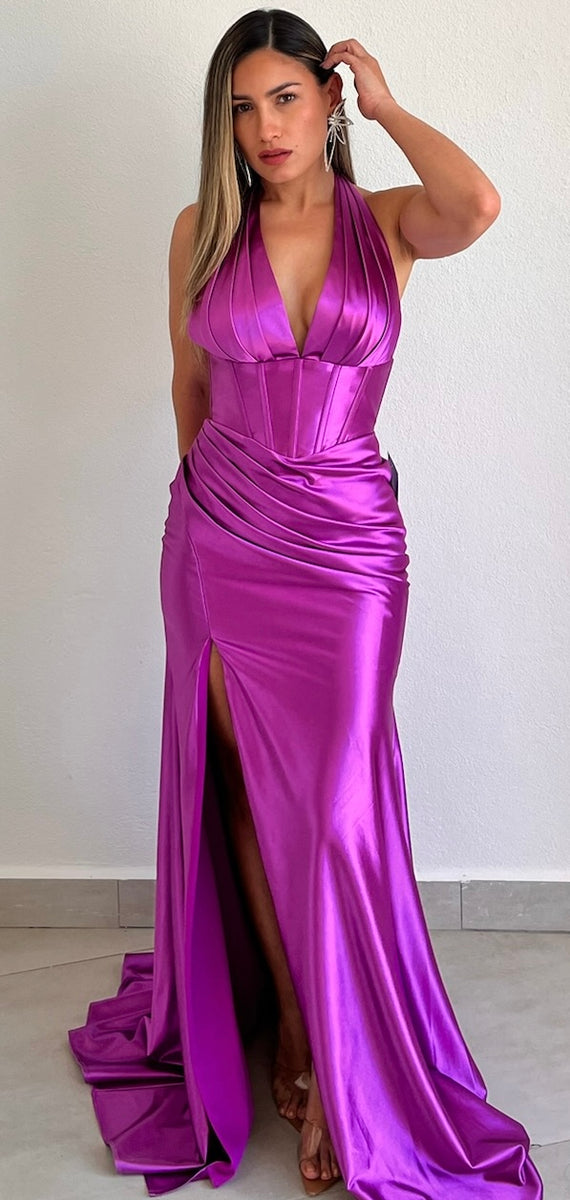 Simply Enchanted Orchid Halter Satin Gown – Zil boutique