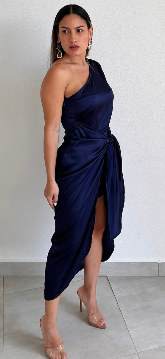 Classy Attitude One-Shoulder Navy Satin Midi Dress – Zil boutique