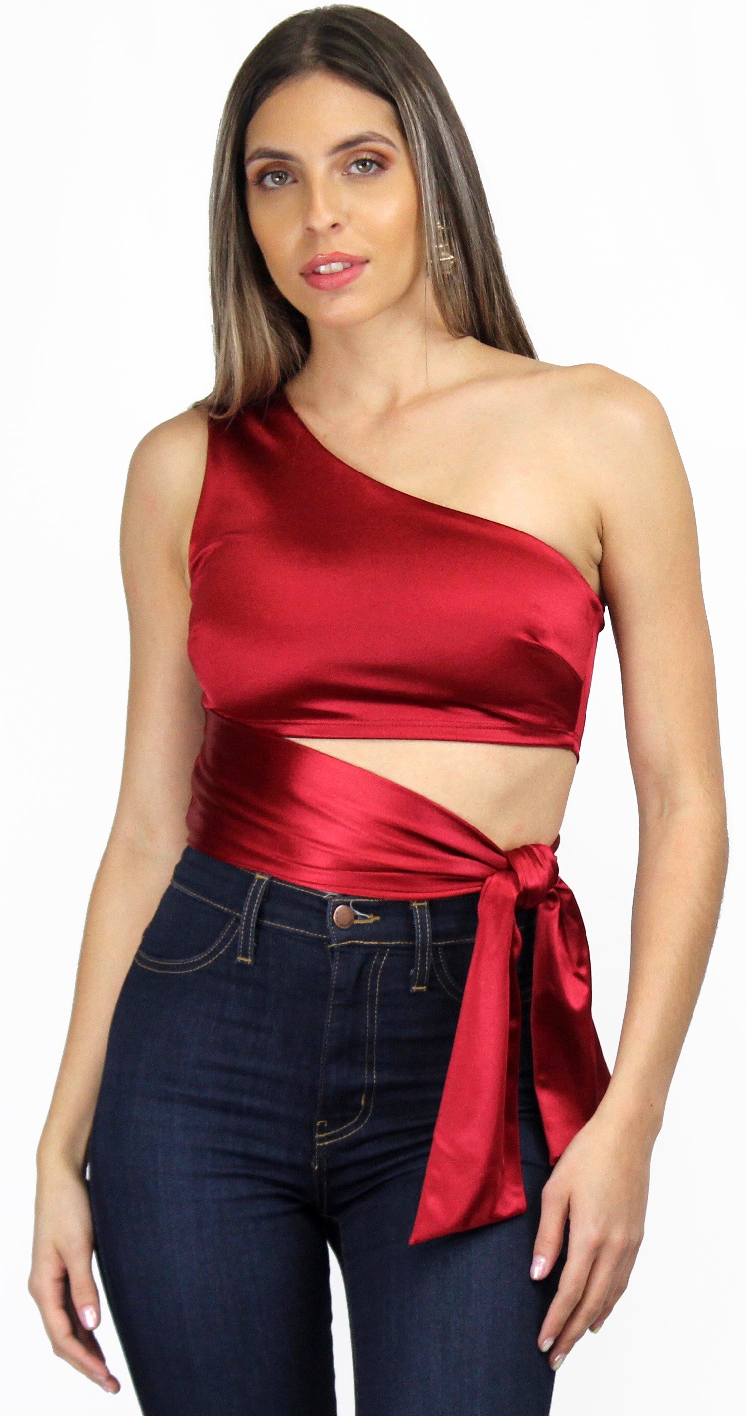 Love to Laugh Satin Ruby One-Shoulder Crop Top – Zil boutique